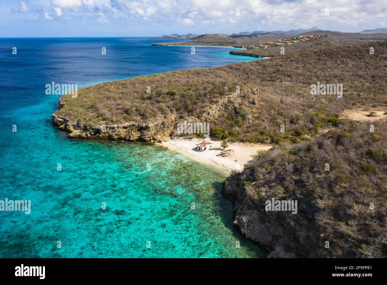 Aerial view above scenery of Curacao, Caribbean with ocean, coast and ...