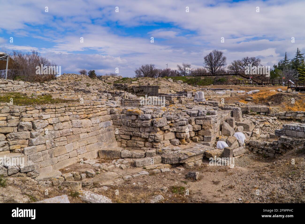 Ruins at the archaeological site of the ancient Greek city of Troy near ...