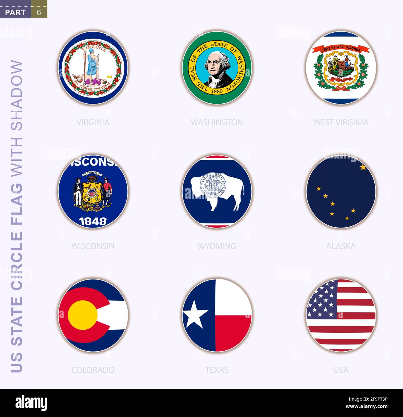 US state circle flag with shadow, collection of nine round flag. Vector ...