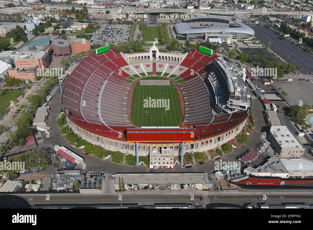 An aerial view of the Los Angeles Memorial Coliseum, Sunday, April 18 ...