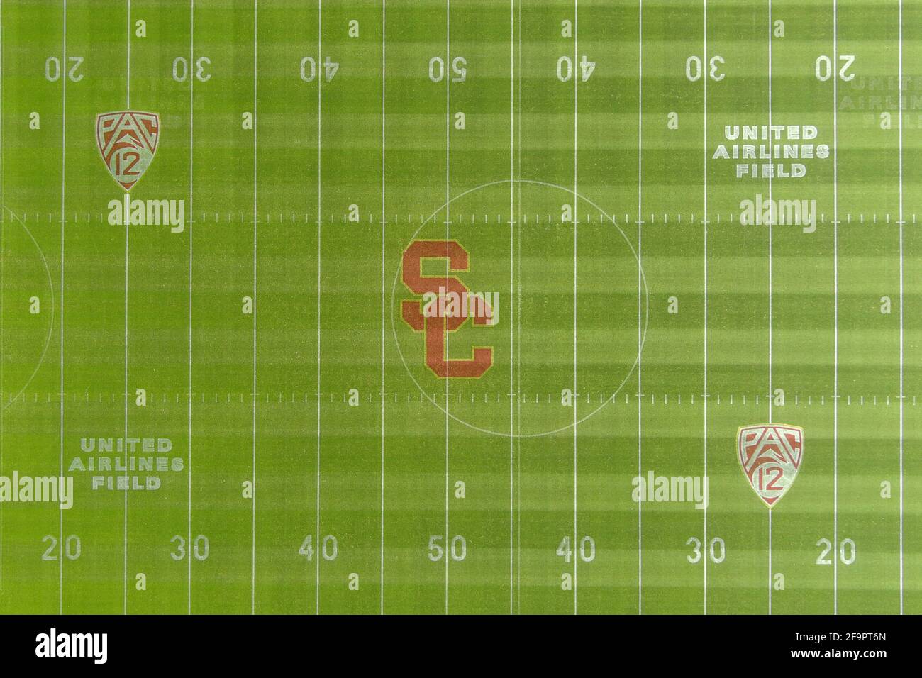 An aerial view of the SC logo at midfield of the football field at the ...