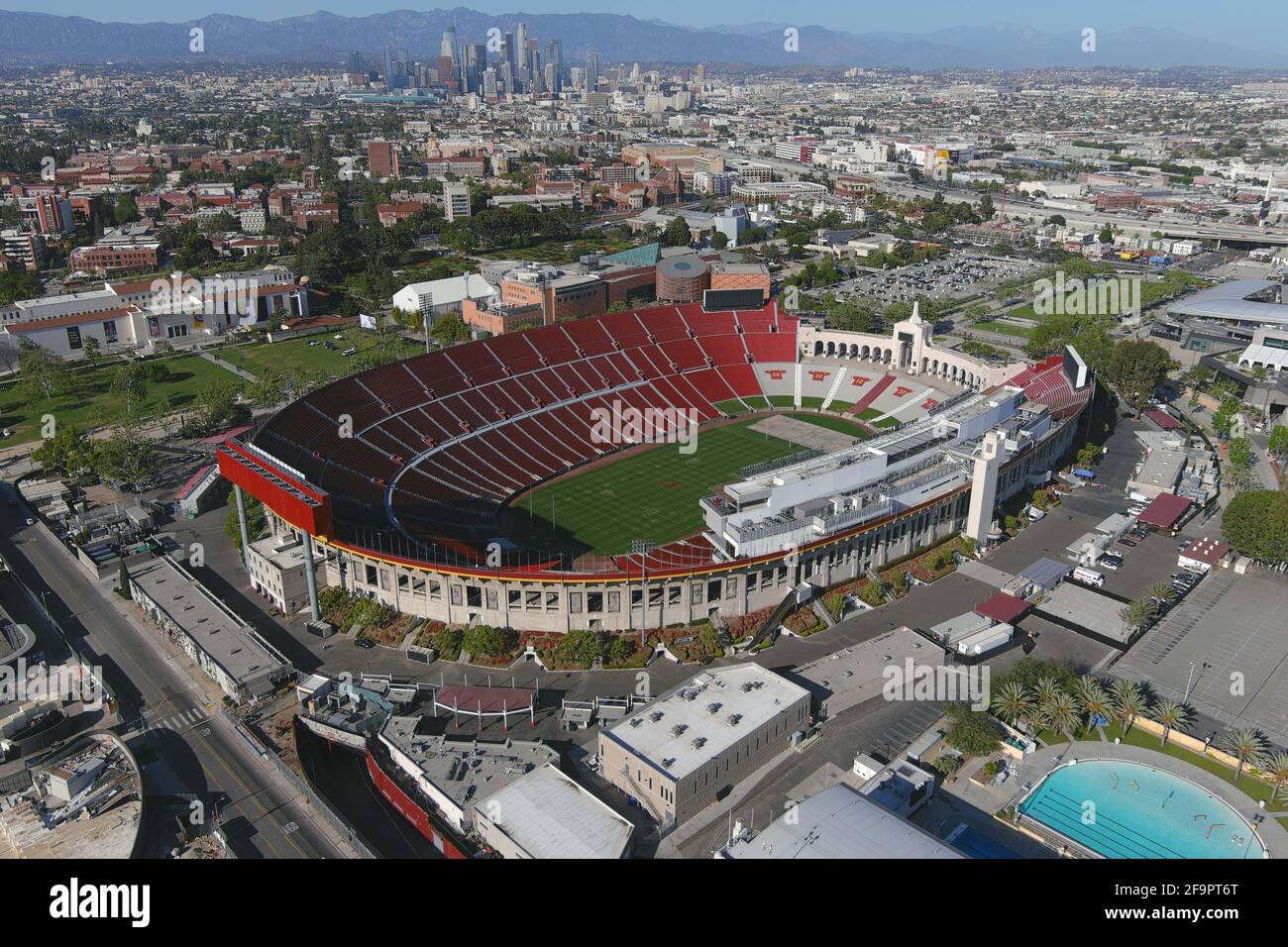 An aerial view of the Los Angeles Memorial Coliseum, Sunday, April 18 ...