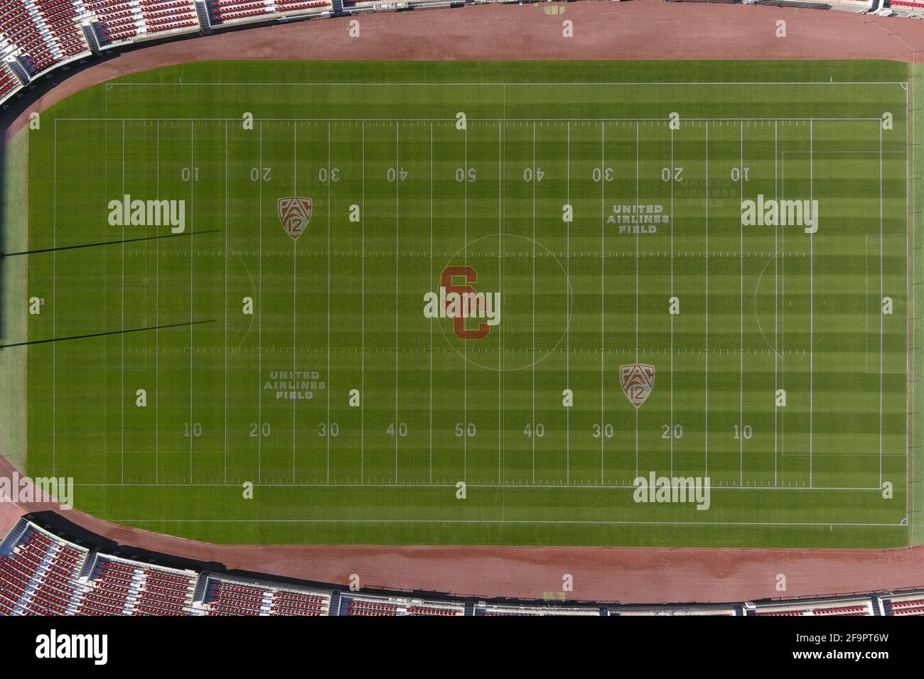 An aerial view of the SC logo at midfield of the football field at the ...
