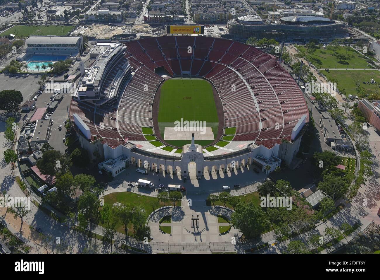 An aerial view of the Los Angeles Memorial Coliseum, Sunday, April 18 ...