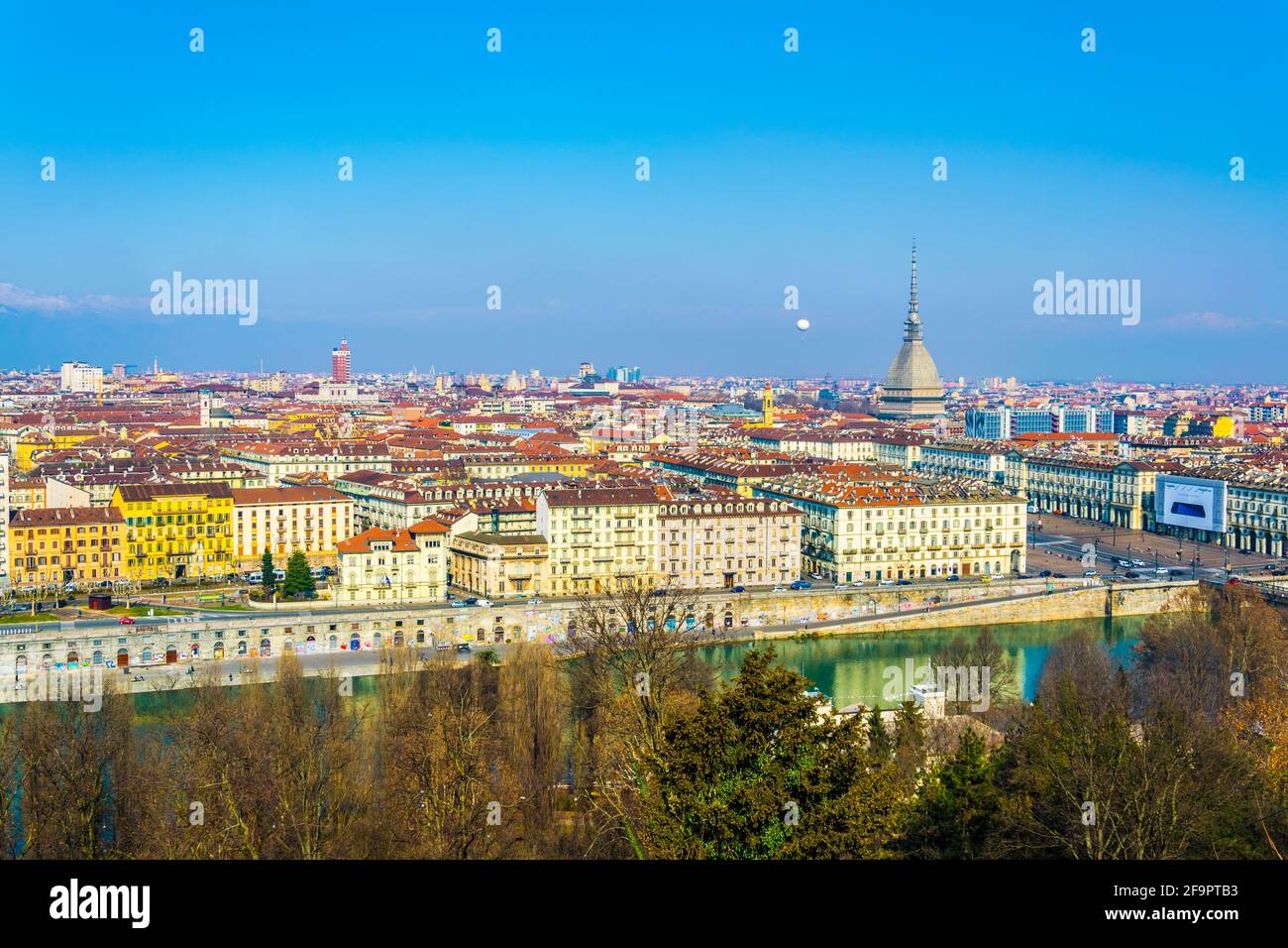 aerial view of torino dominated by mole antonelliana tower of the ...