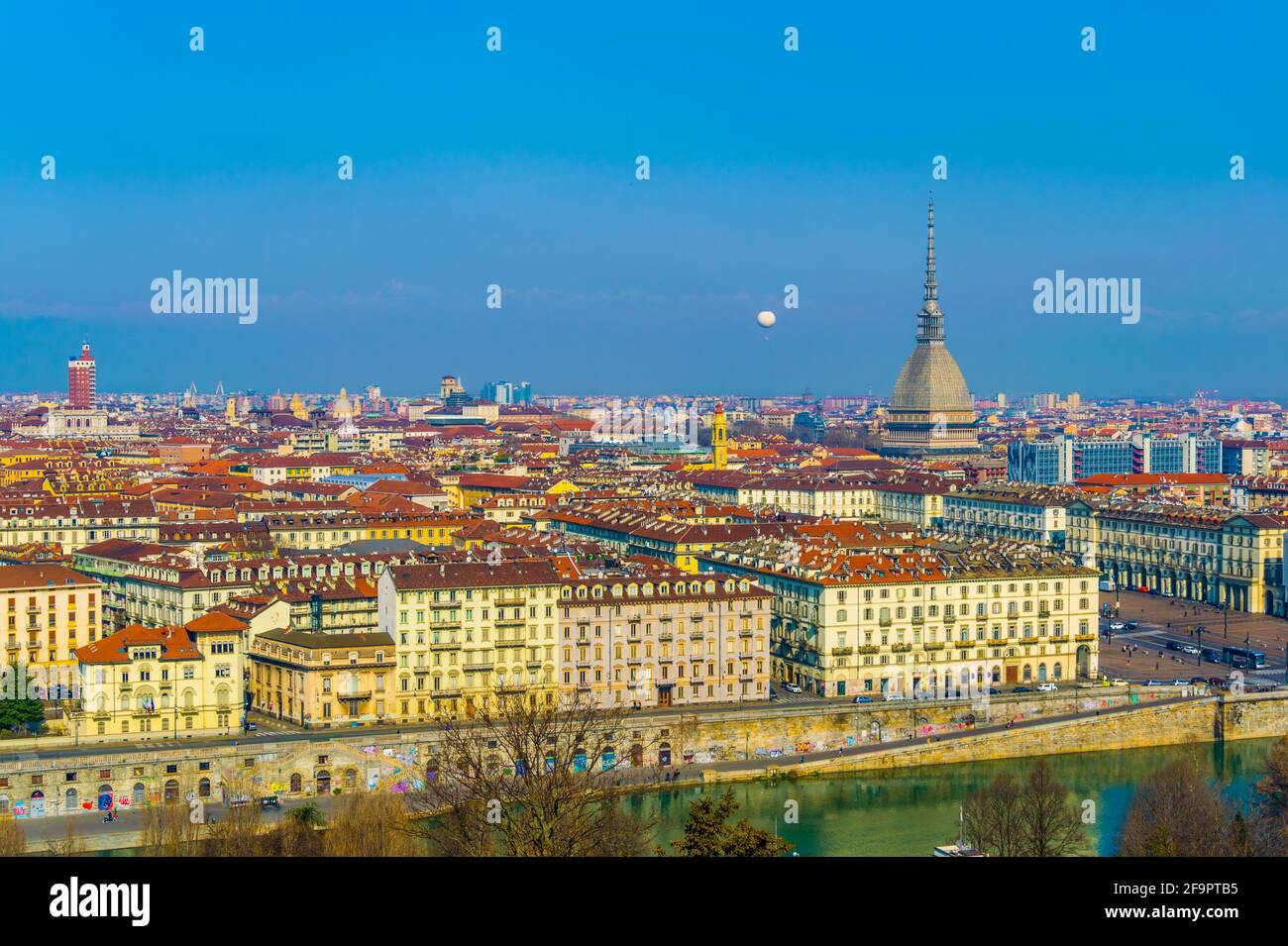 aerial view of torino dominated by mole antonelliana tower of the ...