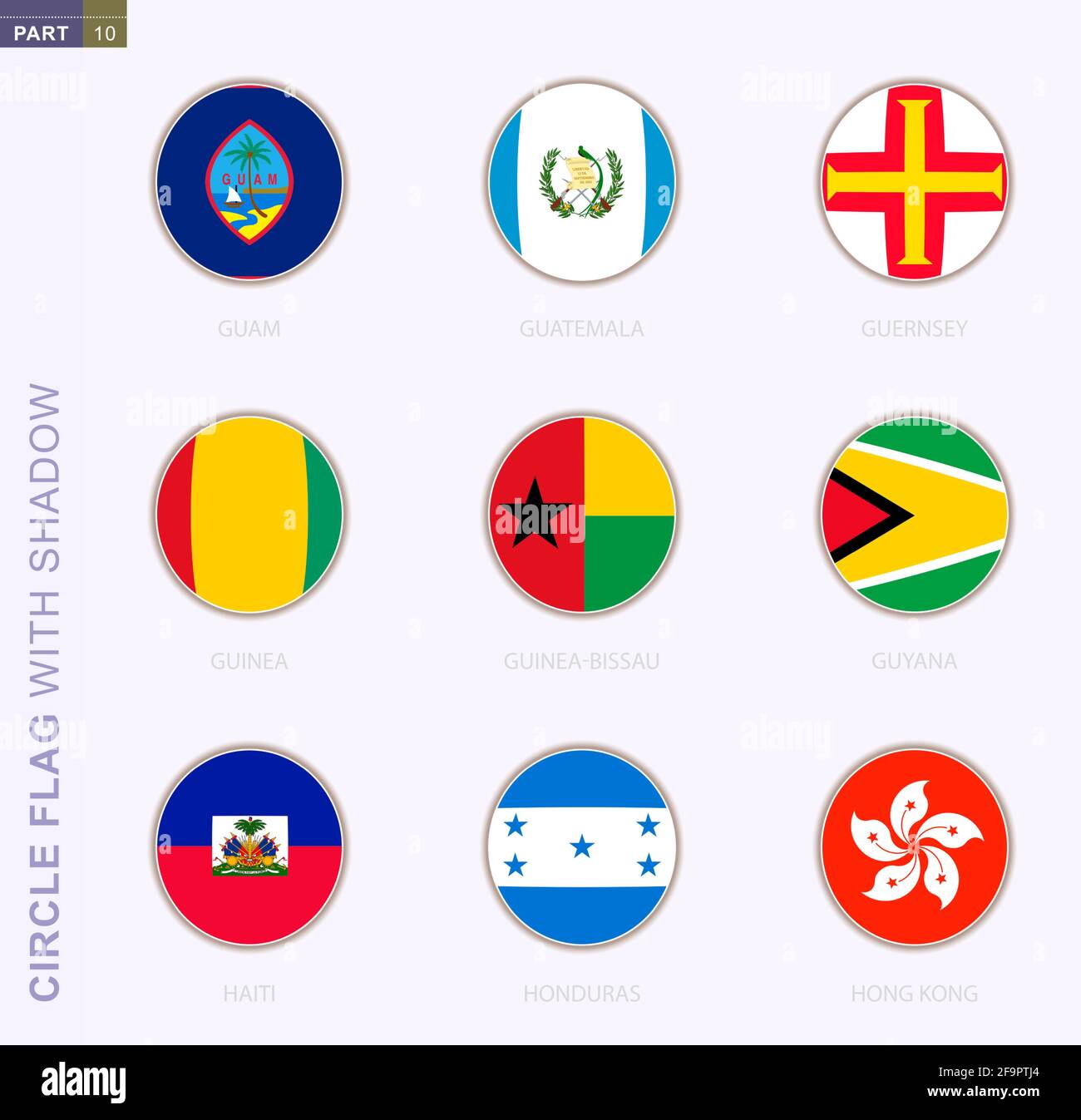 Circle flag with shadow, collection of nine round flag. Vector flags of 9 countries: Guam ...