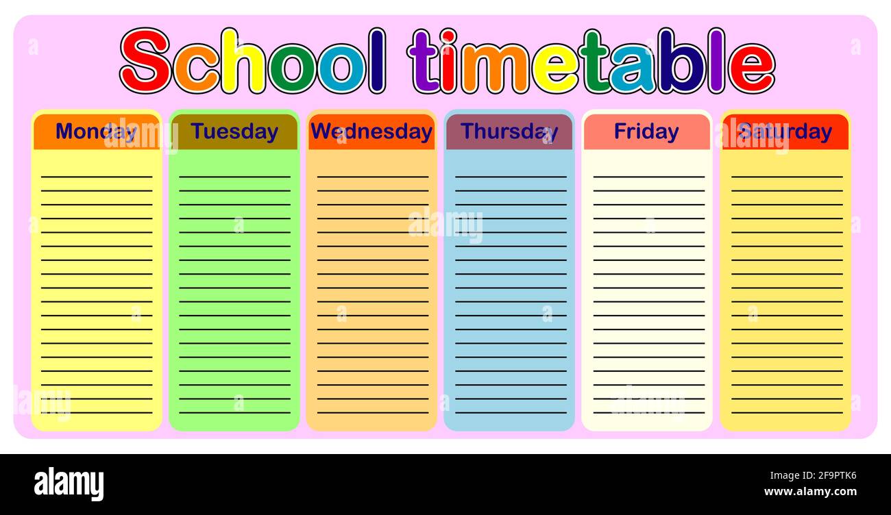 Template school timetable for students or pupils with days of week and ...