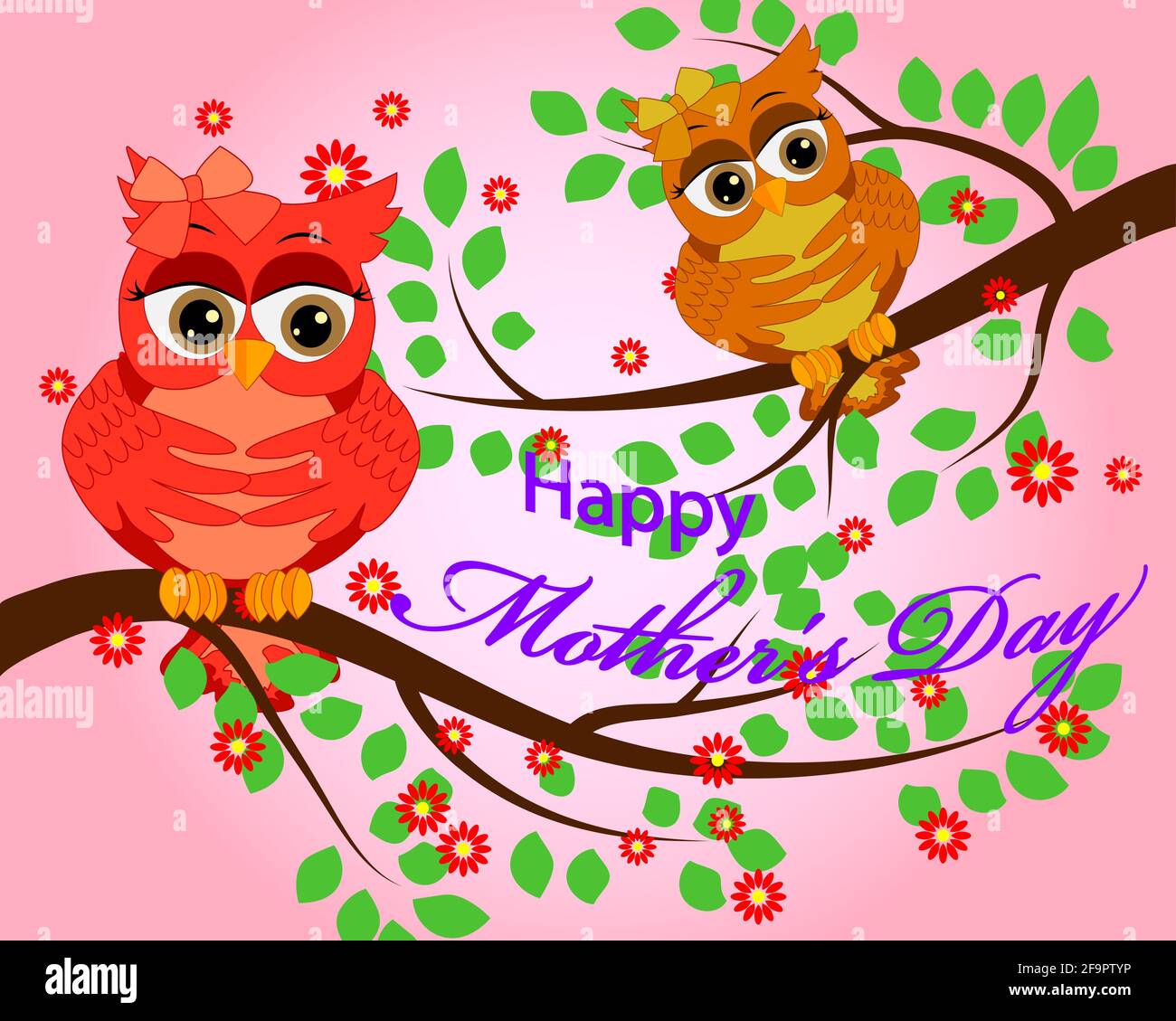Mother's day owl. Cute illustration of happy mother and kid owl sitting ...