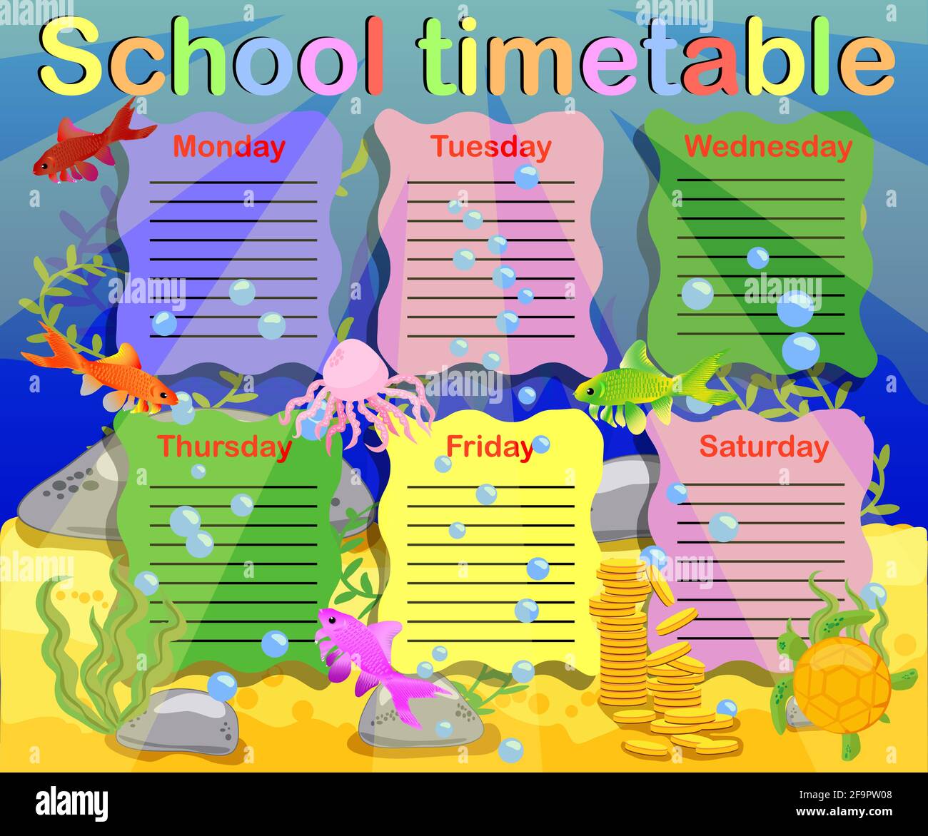 Design of the school timetable for kids. Bright underwater background ...