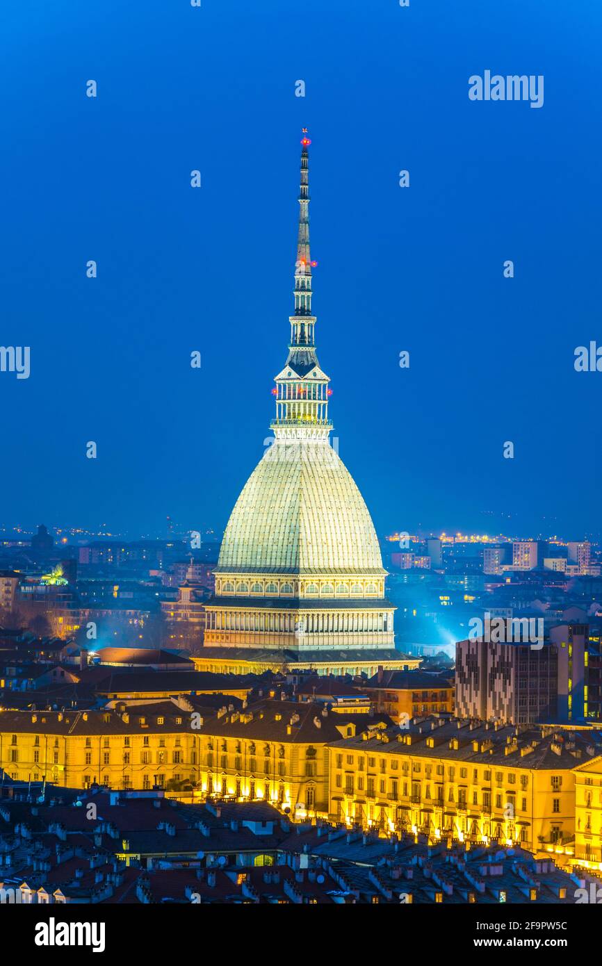Night aerial view of the mole antoniella tower in the italian city ...