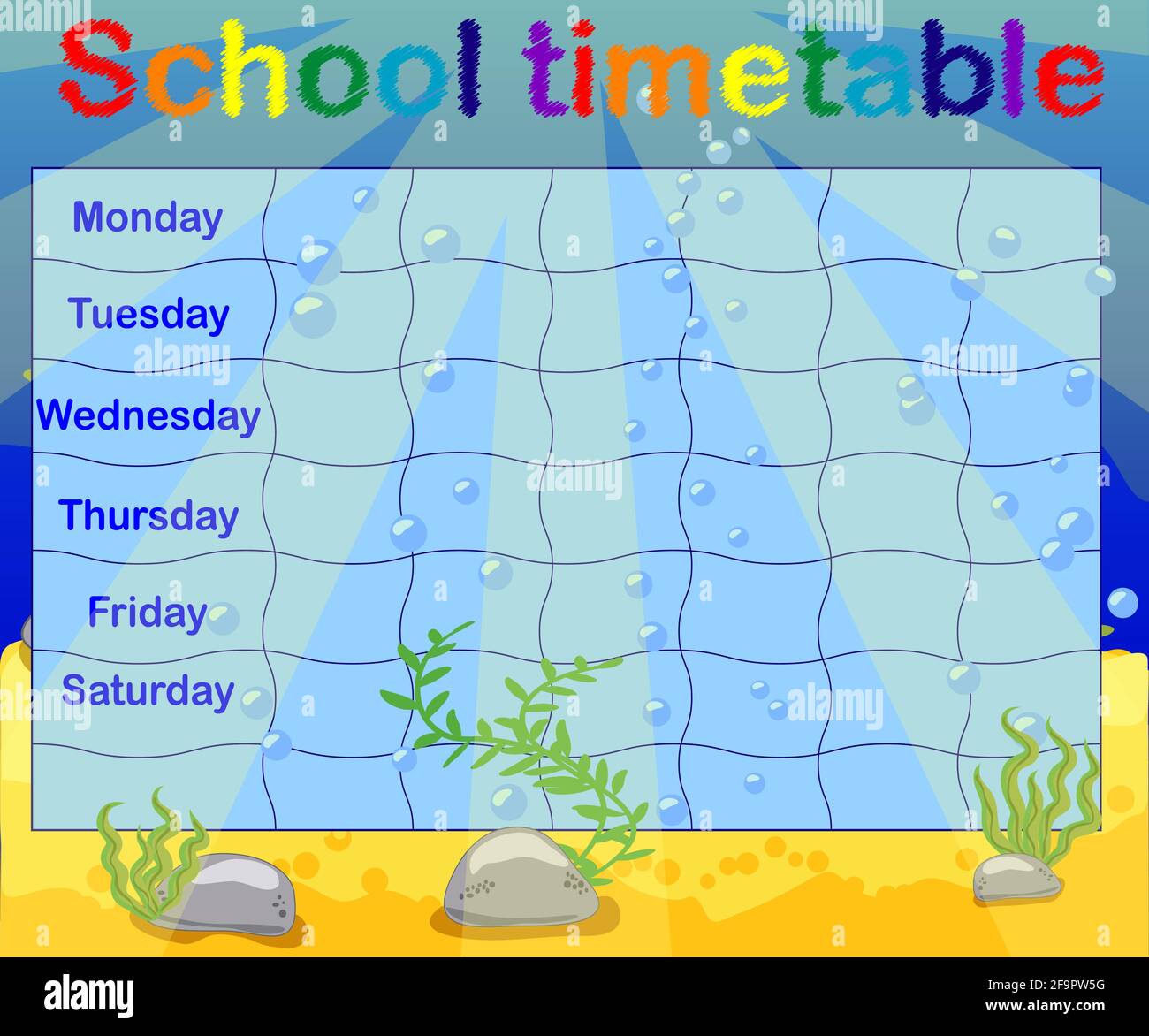 School timetable with marine themes, table, underwater world Stock ...