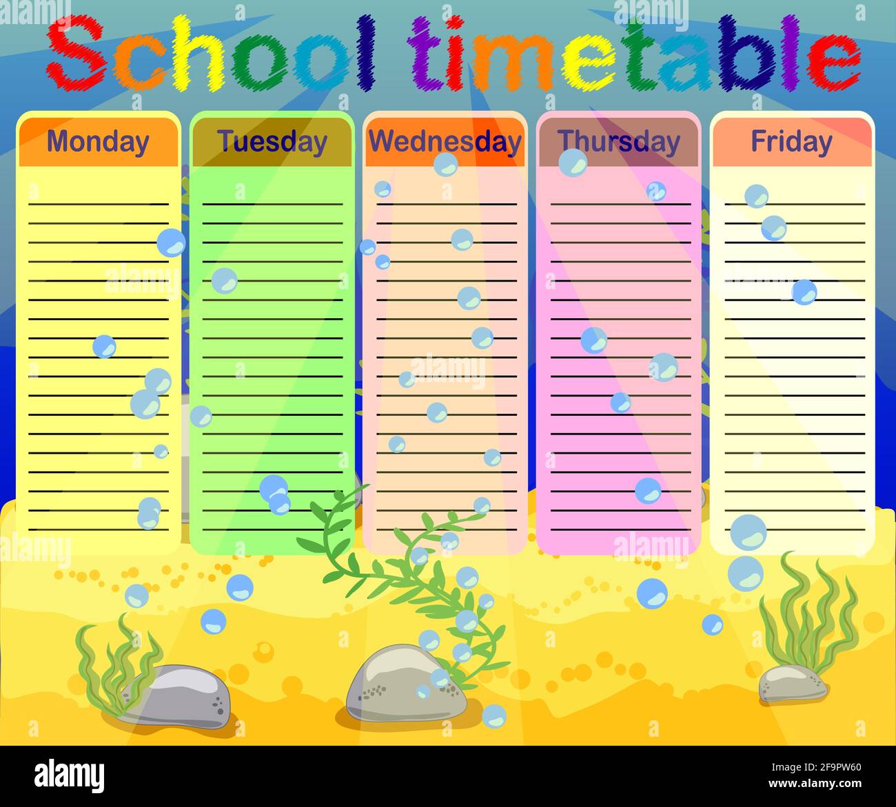 Design of the school timetable for kids. Bright underwater background ...