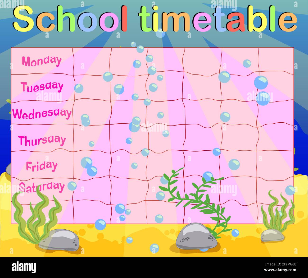Design of the school timetable for kids. Bright underwater background ...