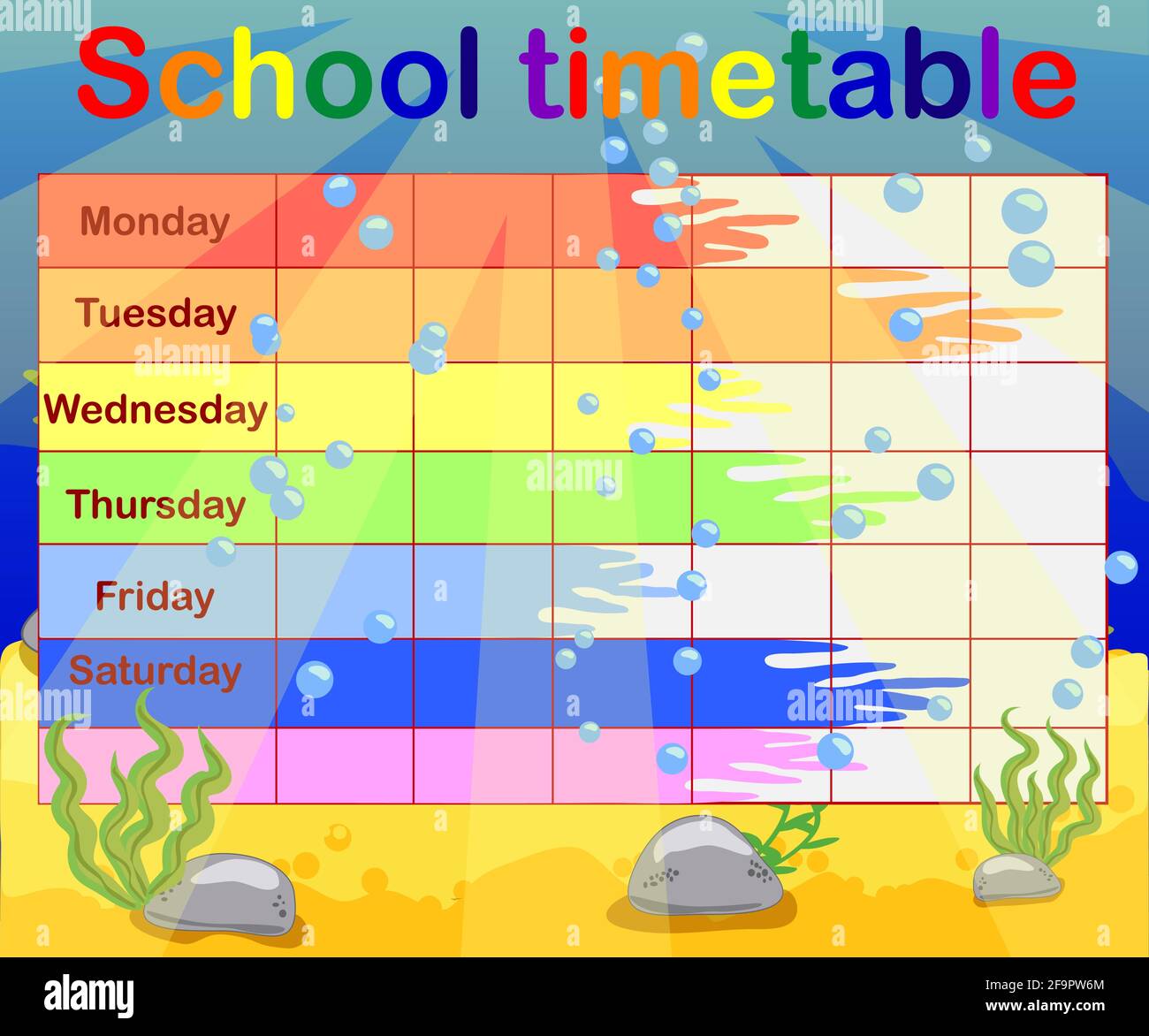 School timetable with marine themes, table, underwater world Stock ...