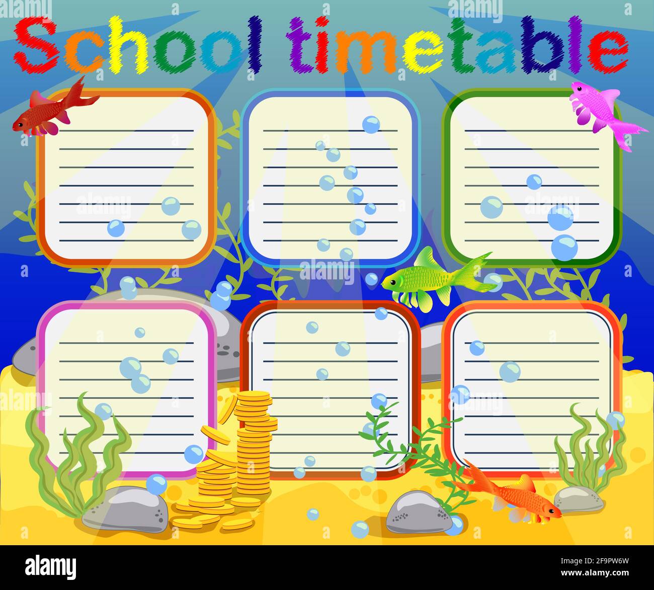 Design of the school timetable for kids. Bright underwater background ...