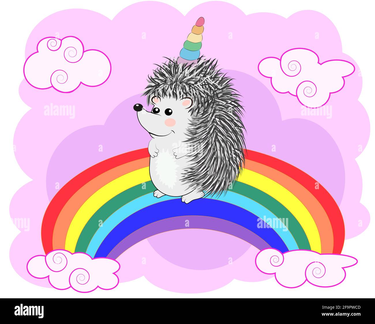 A cute cartoon hedgehog with a unicorn horn on a rainbow. Concept ...