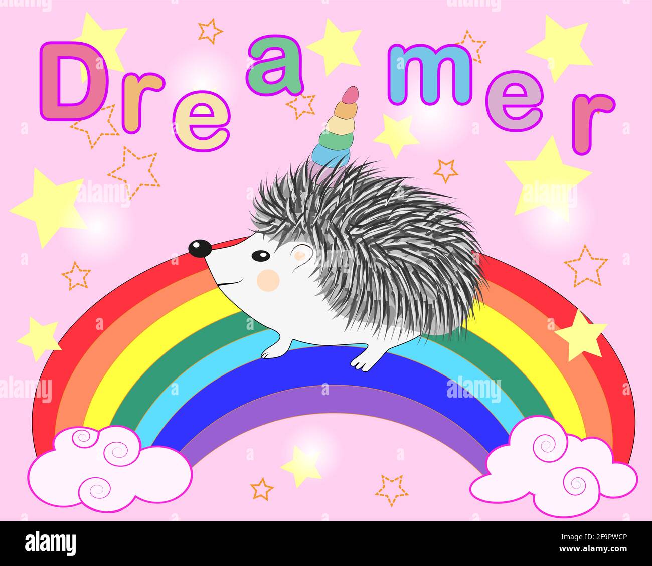 A cute cartoon hedgehog with a unicorn horn on a rainbow. Concept ...