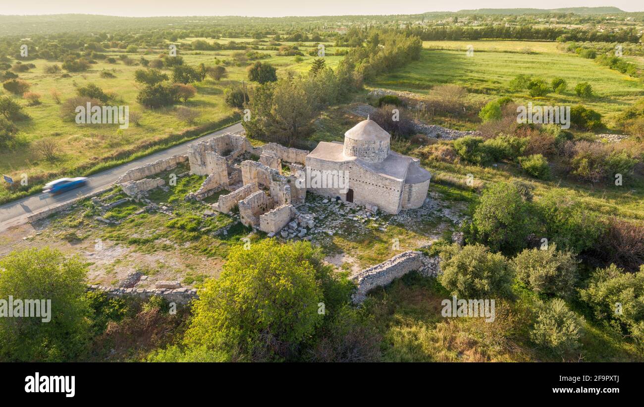 Aerial view of medieval Timios Stavros (Holy Cross) monastery in ...