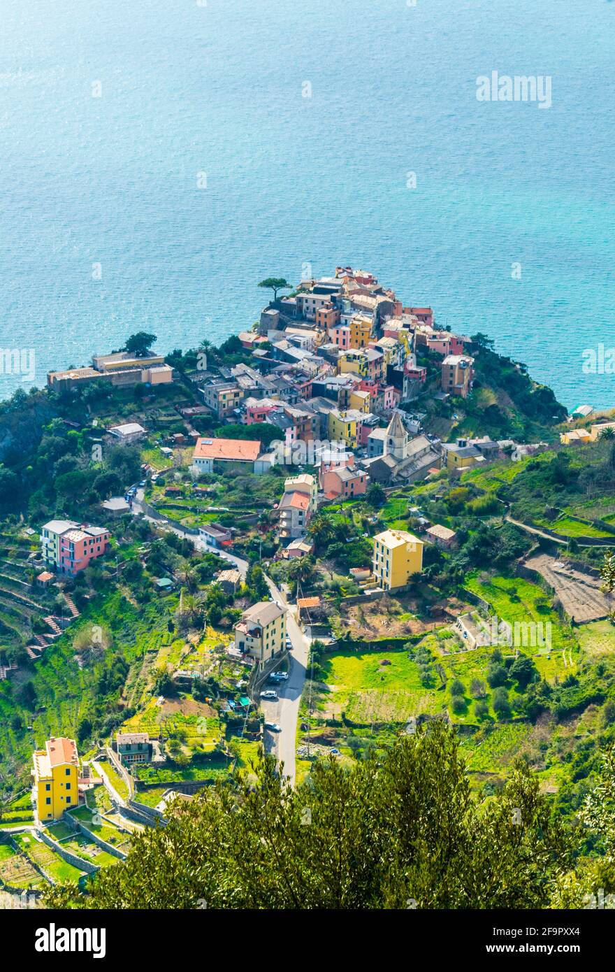 aerial view of corniglia village which is part of the famous cinque ...