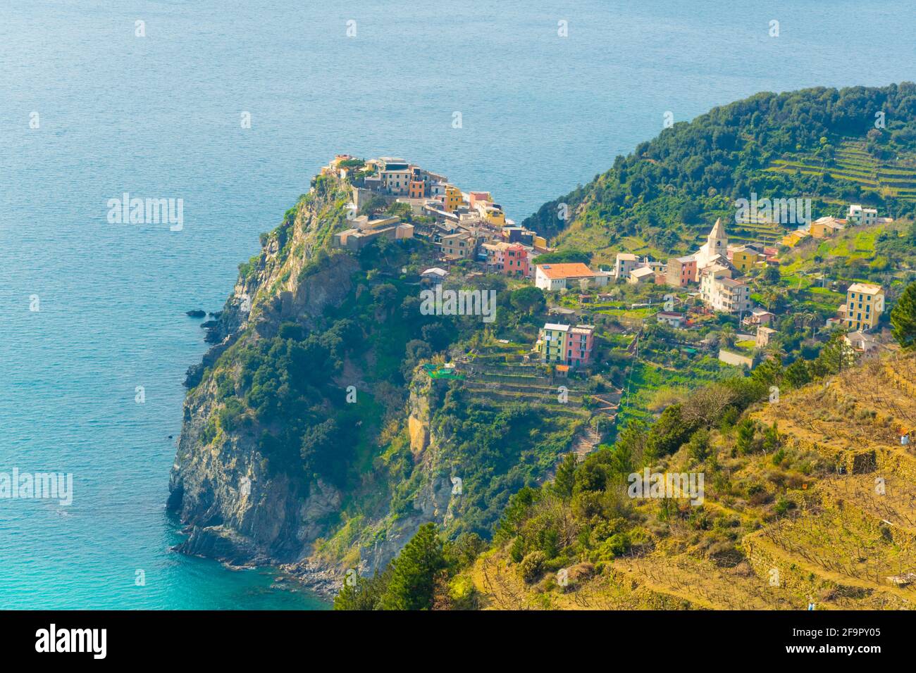 aerial view of corniglia village which is part of the famous cinque ...