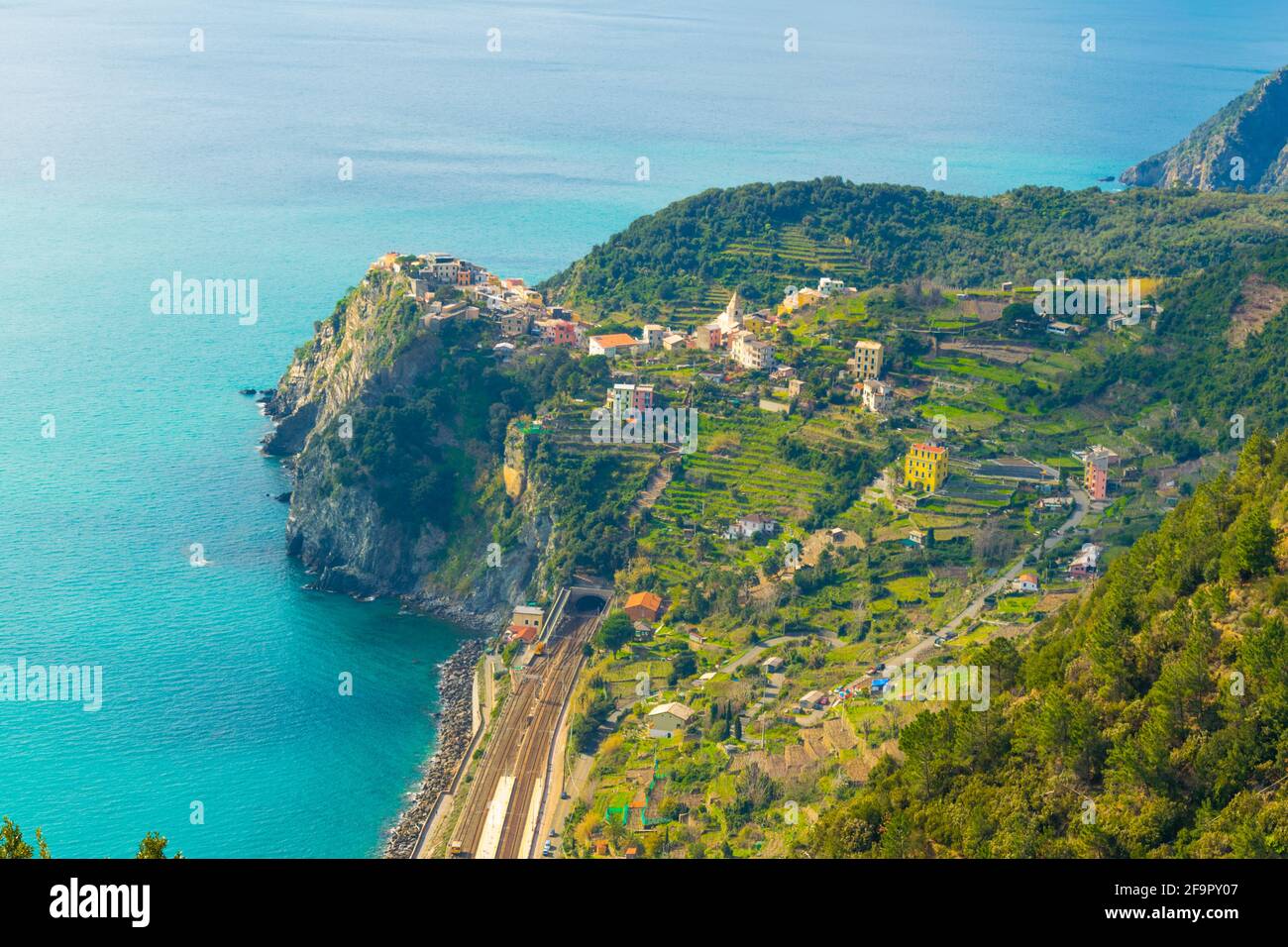 aerial view of corniglia village which is part of the famous cinque ...