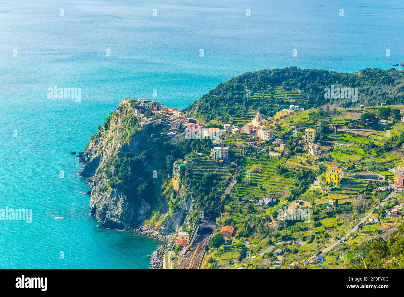 aerial view of corniglia village which is part of the famous cinque ...