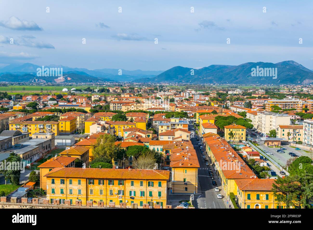 aerial view of the italian city pisa taken from the top of the leaning ...