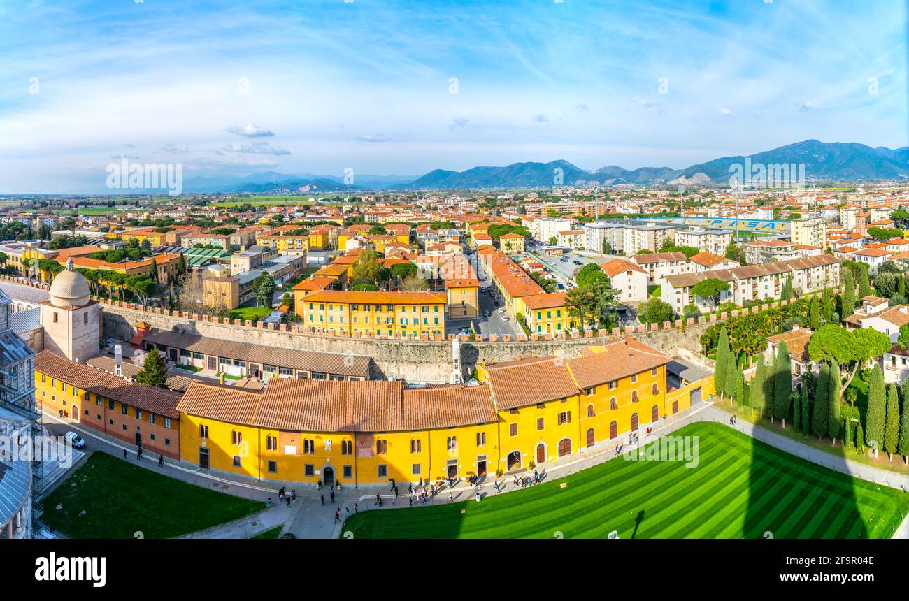 aerial view of the italian city pisa taken from the top of the leaning ...
