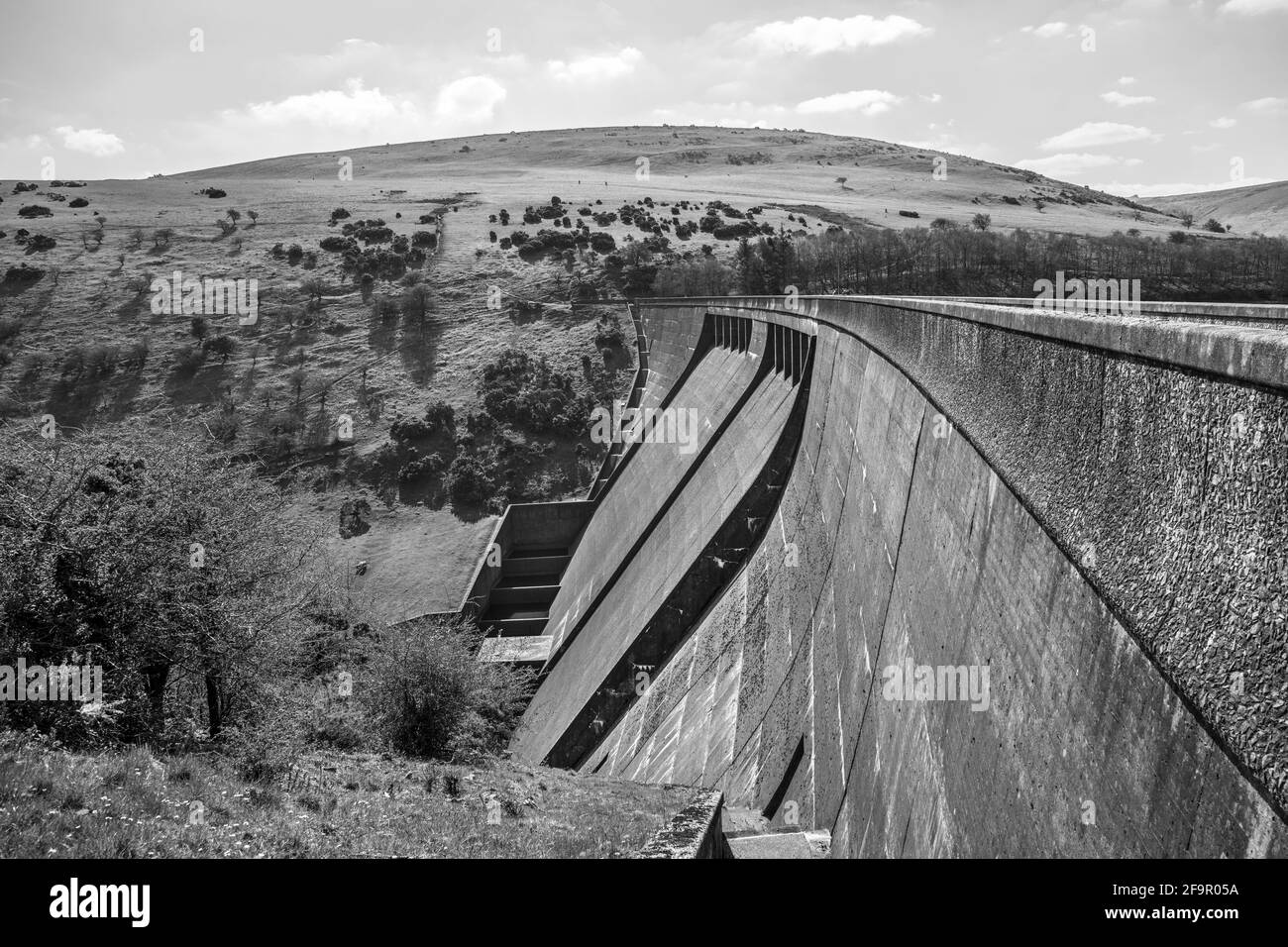 black and white image of Meldon reservoir dam opened in 1972 in Devon ...