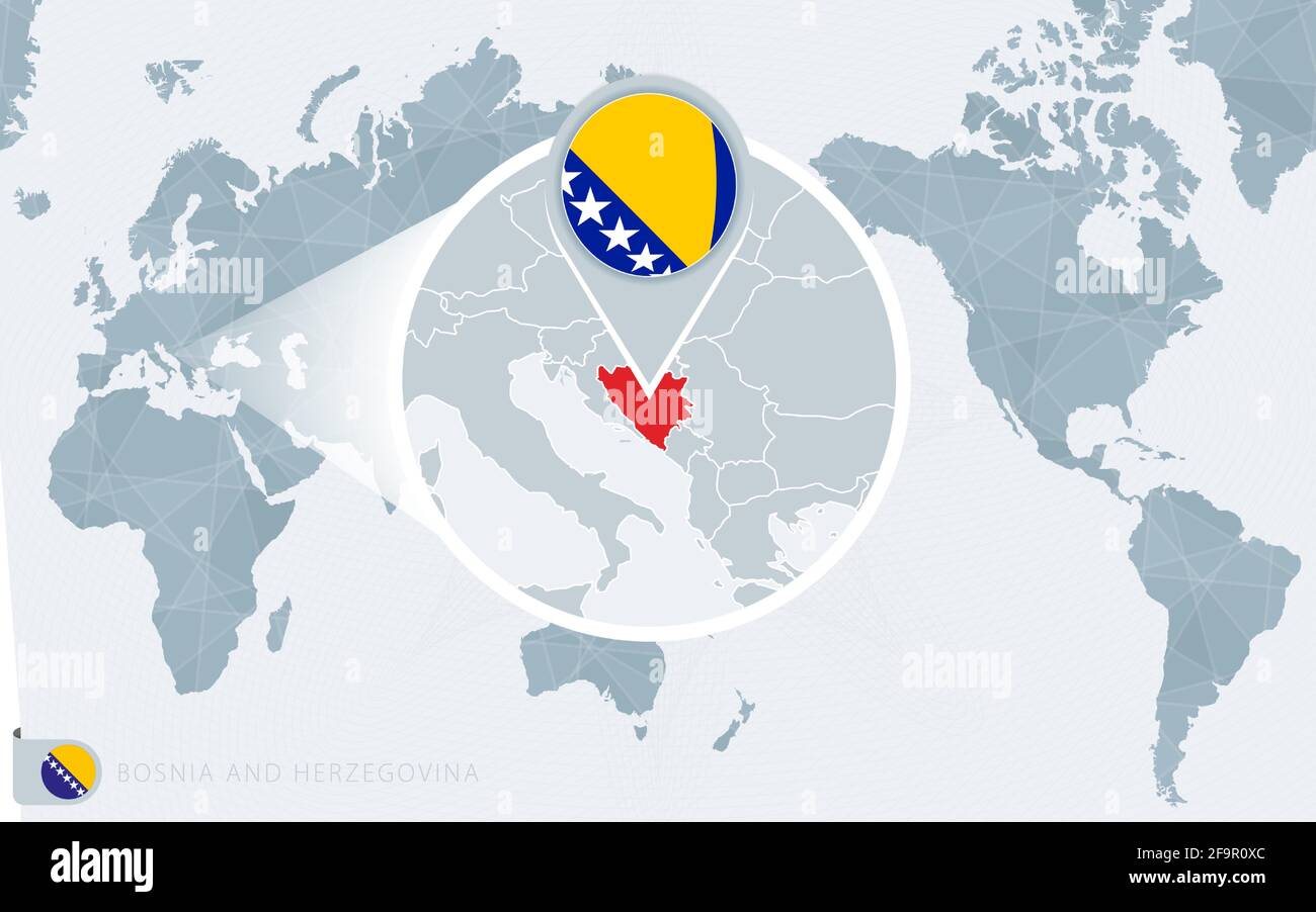 Pacific Centered World map with magnified Bosnia and Herzegovina. Flag ...