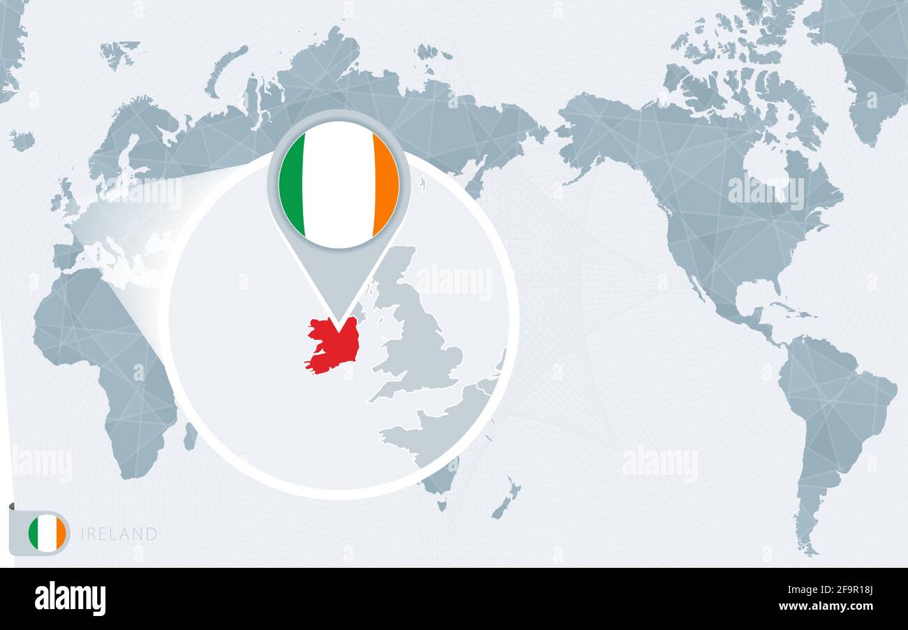 Pacific Centered World map with magnified Ireland. Flag and map of ...