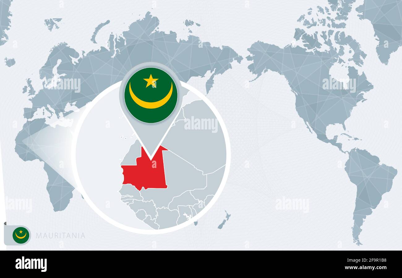 Pacific Centered World map with magnified Mauritania. Flag and map of ...