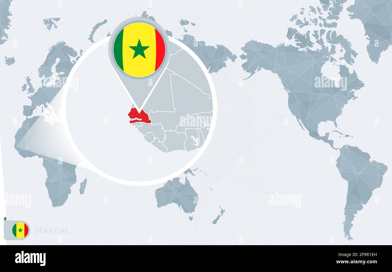 Pacific Centered World map with magnified Senegal. Flag and map of Senegal on Asia in Center ...