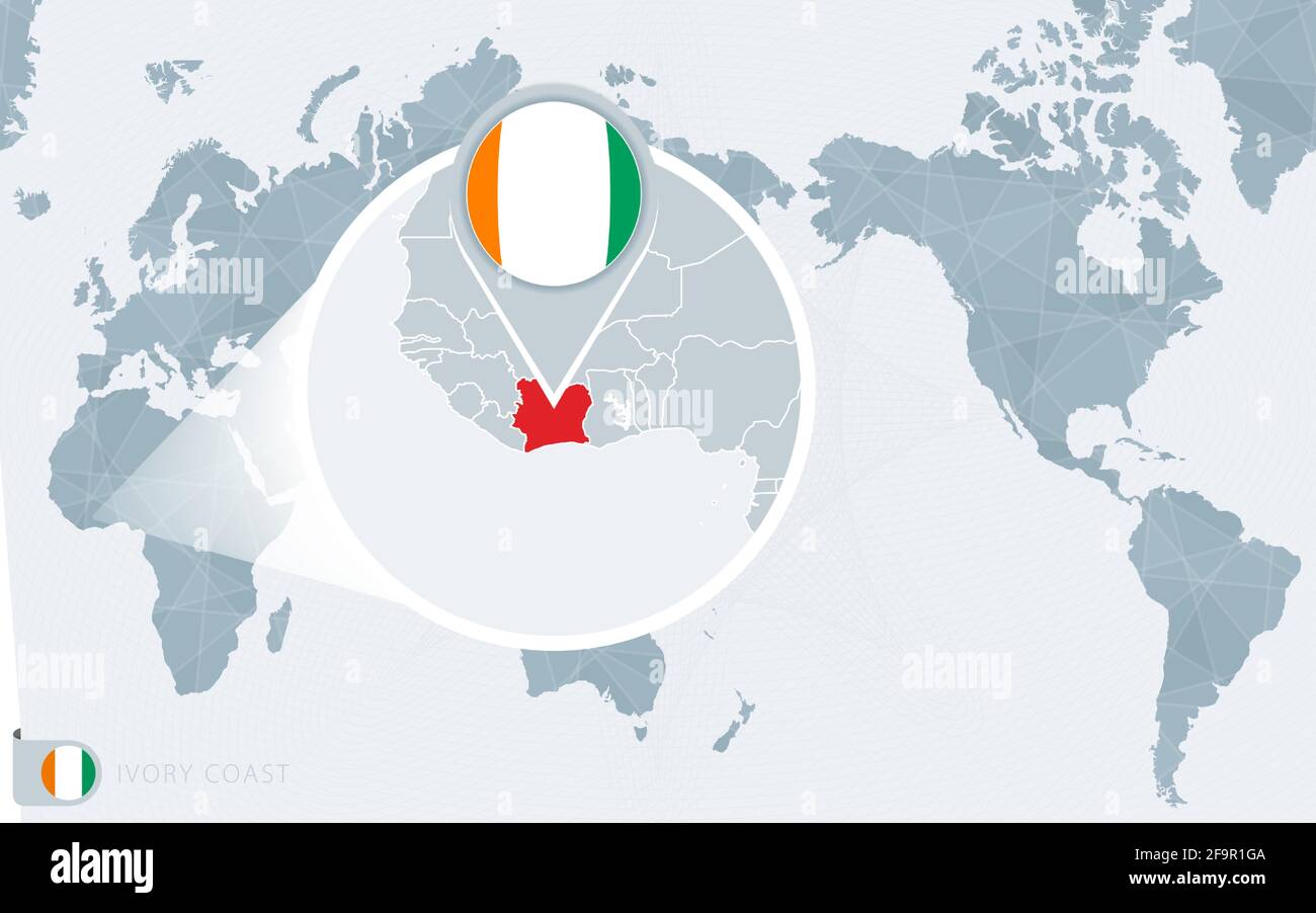 Pacific Centered World map with magnified Ivory Coast. Flag and map of ...