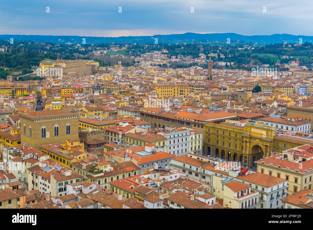 Aerial view of the piazza della repubblica and palazzo Pitti in italian ...