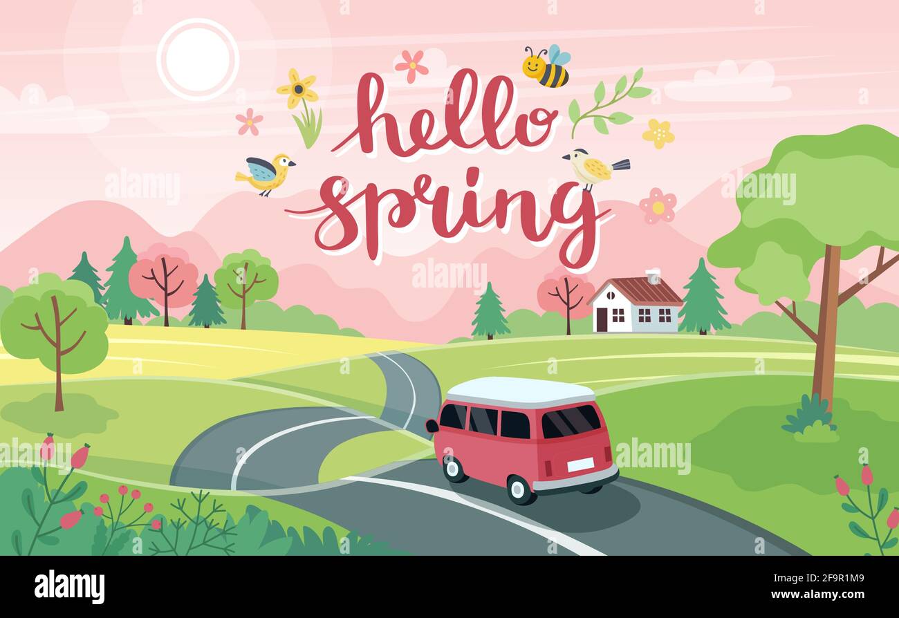 Spring road trip. Landscape with a cute car on the road and lettering ...