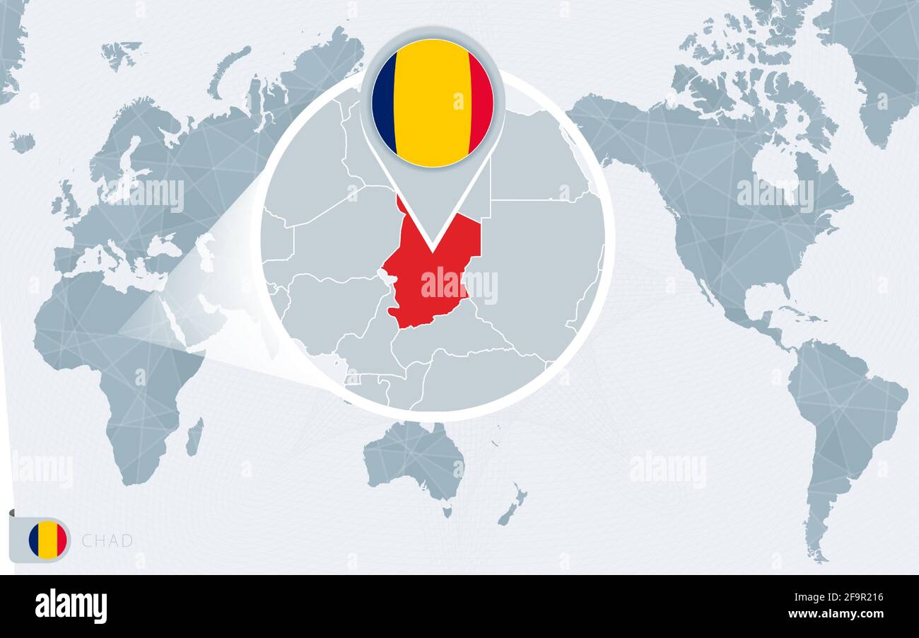 Pacific Centered World map with magnified Chad. Flag and map of Chad on ...