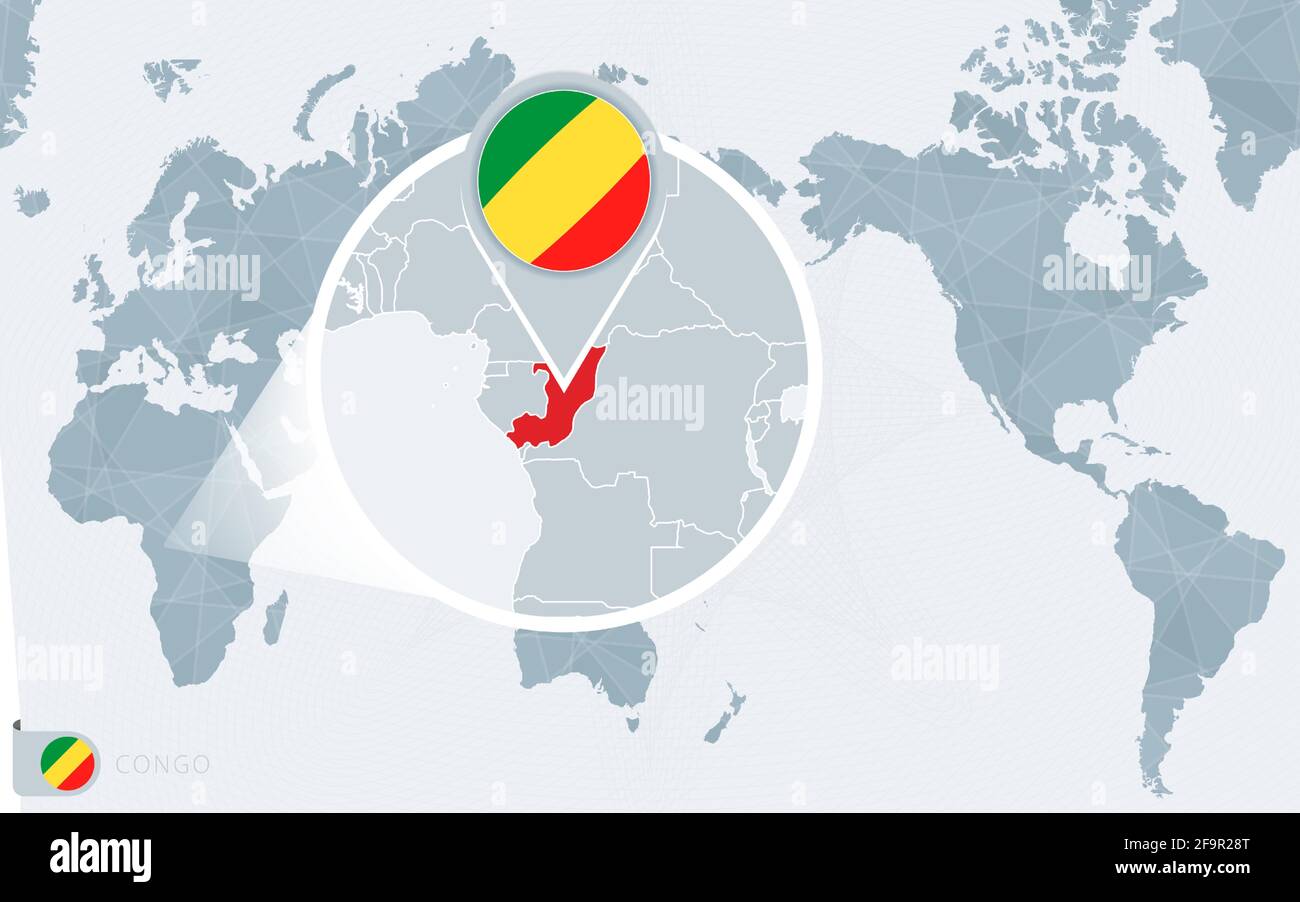 Pacific Centered World map with magnified Congo. Flag and map of Congo ...