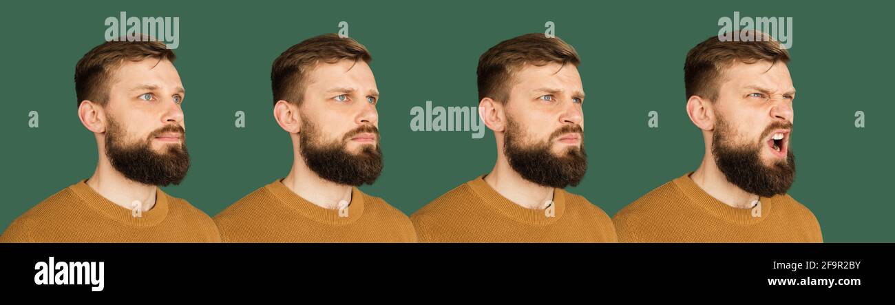Evolution of emotions. Caucasian man's portrait isolated over green ...