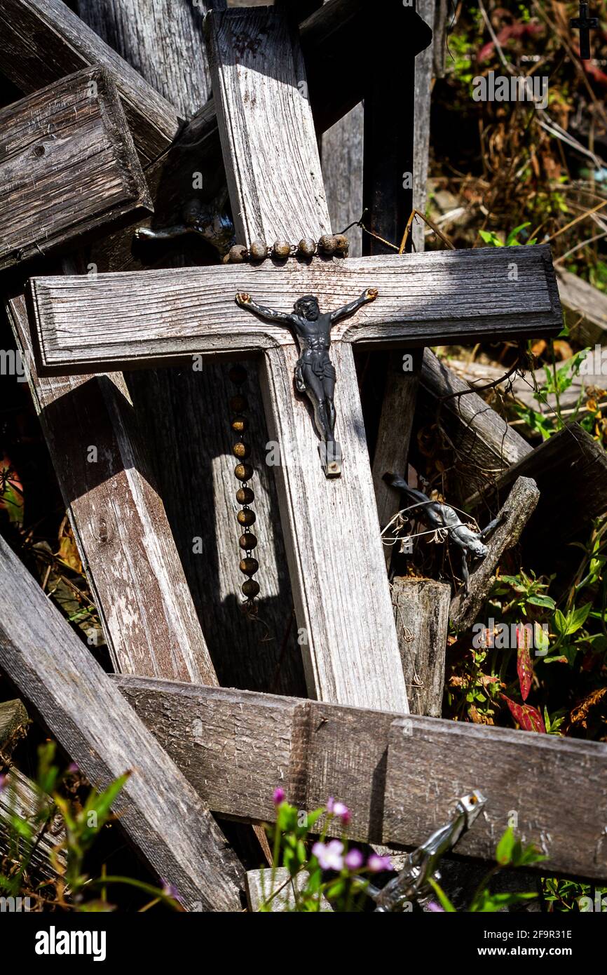 Close up shot of crosses in the Hill of Crosses a famous site of ...