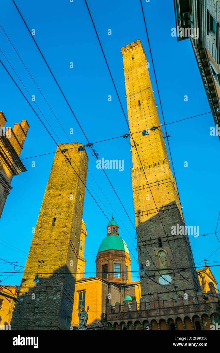 The top of Two Towers (Le Due Torri) Torre Asinelli and Torre Garisenda ...