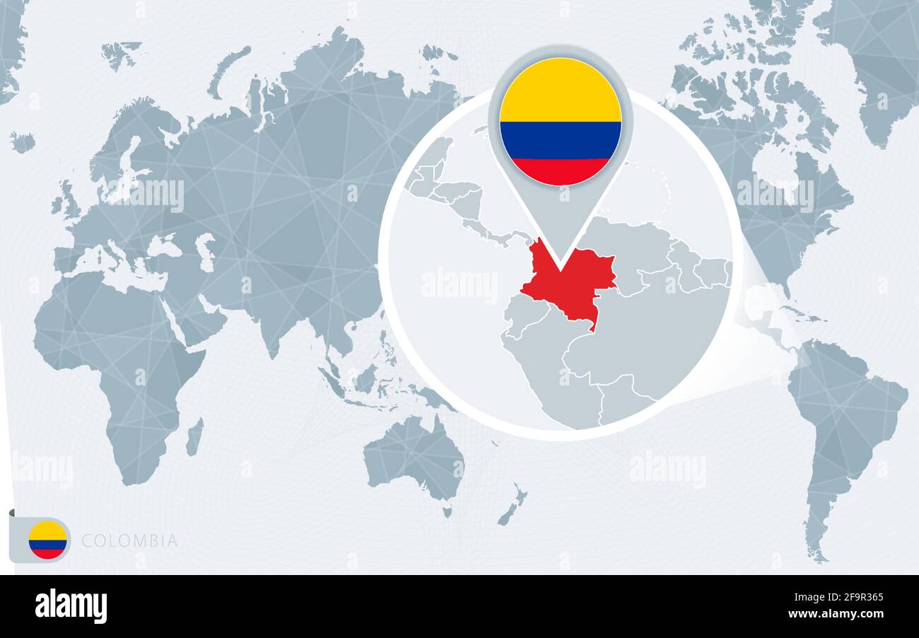 Pacific Centered World map with magnified Colombia. Flag and map of ...