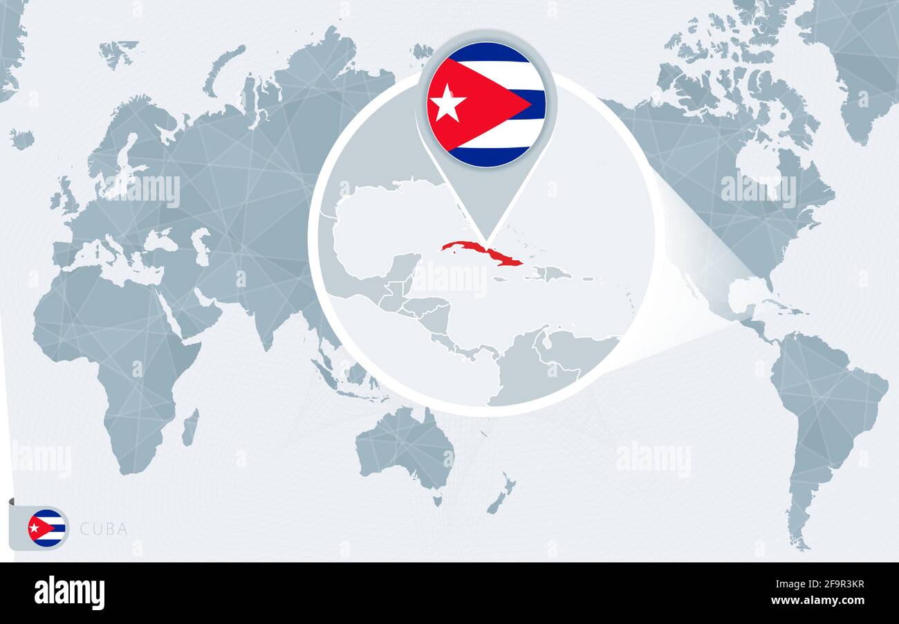 Pacific Centered World map with magnified Cuba. Flag and map of Cuba on ...