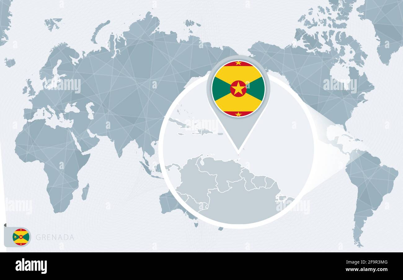 Pacific Centered World map with magnified Grenada. Flag and map of ...