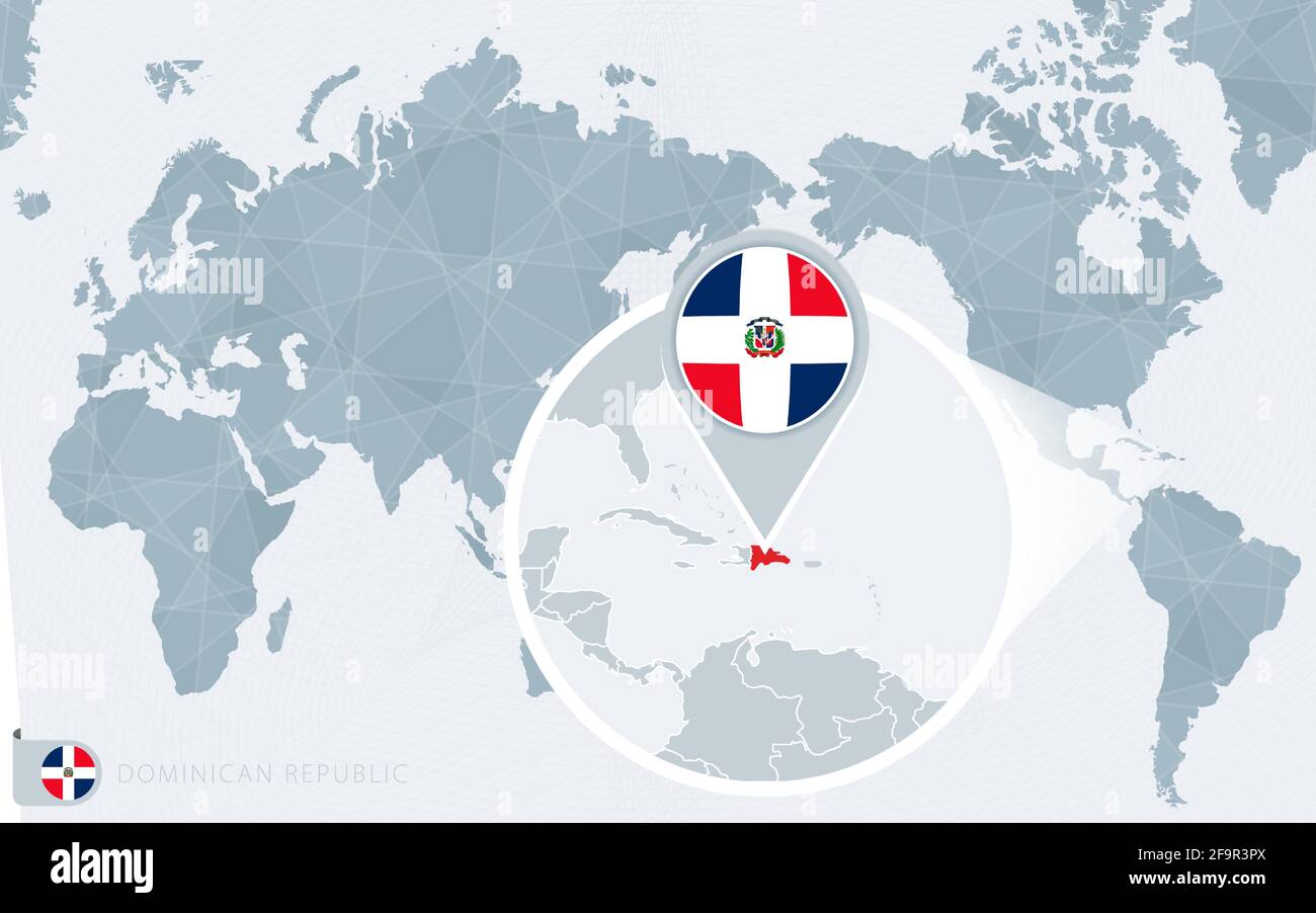 Pacific Centered World map with magnified Dominican Republic. Flag and ...