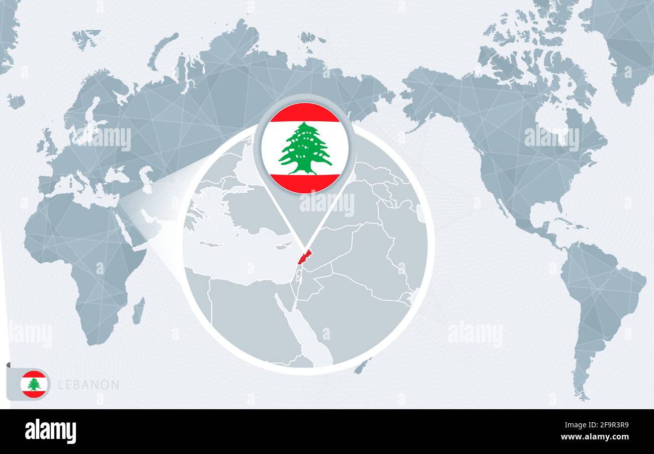 Pacific Centered World map with magnified Lebanon. Flag and map of ...