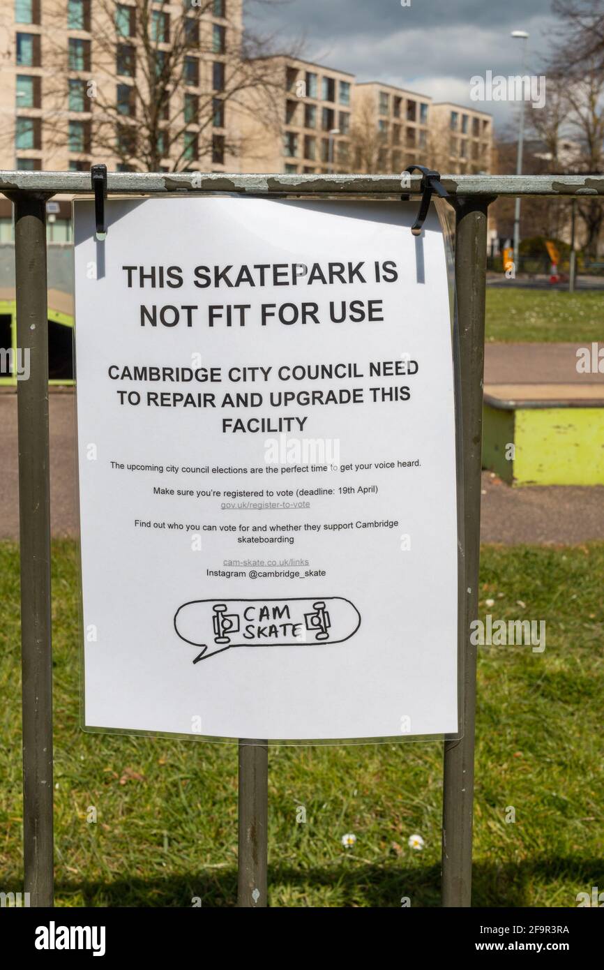 Signs asking for the skatepark to be repaired and upgraded. They remind ...