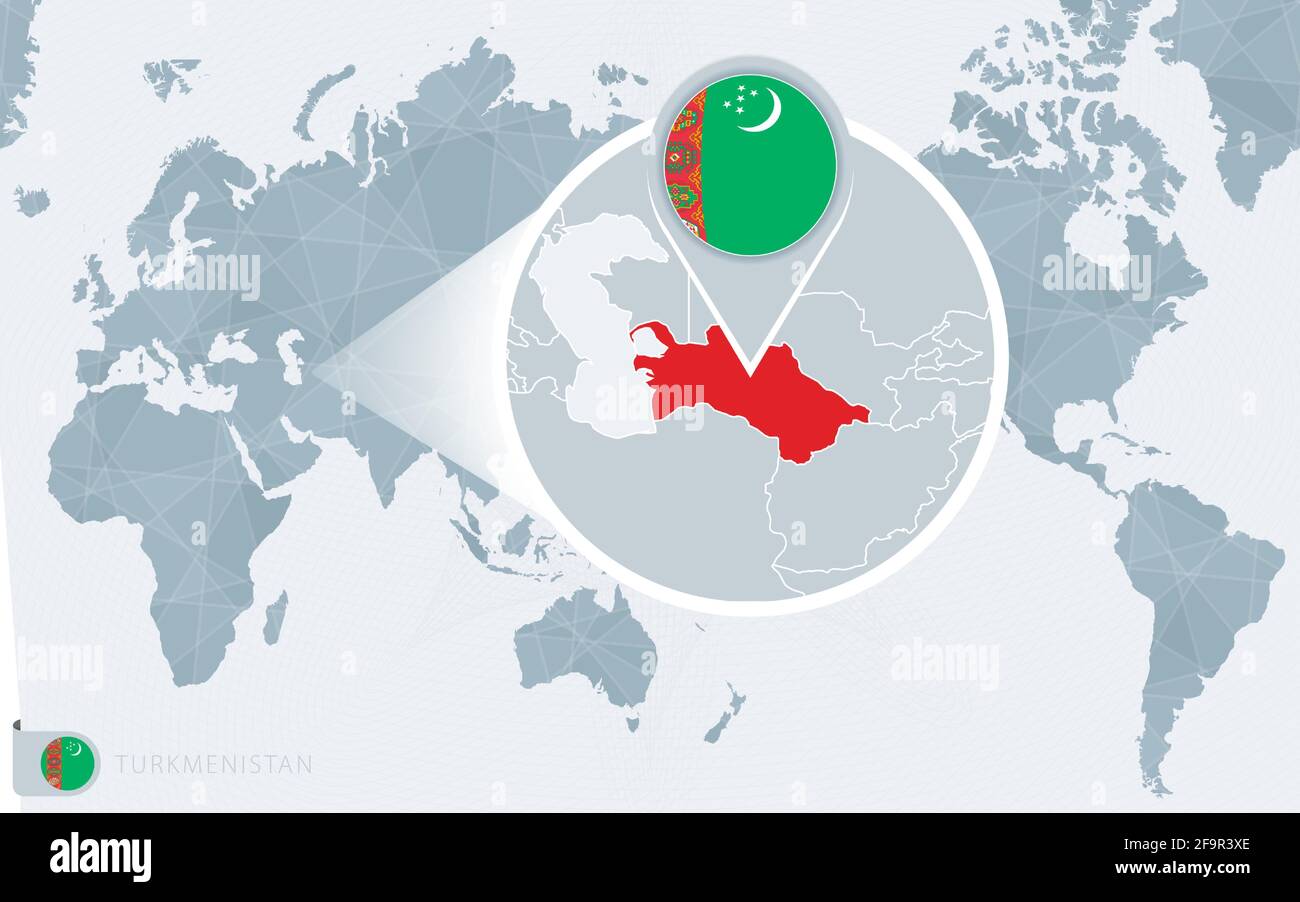 Pacific Centered World map with magnified Turkmenistan. Flag and map of ...