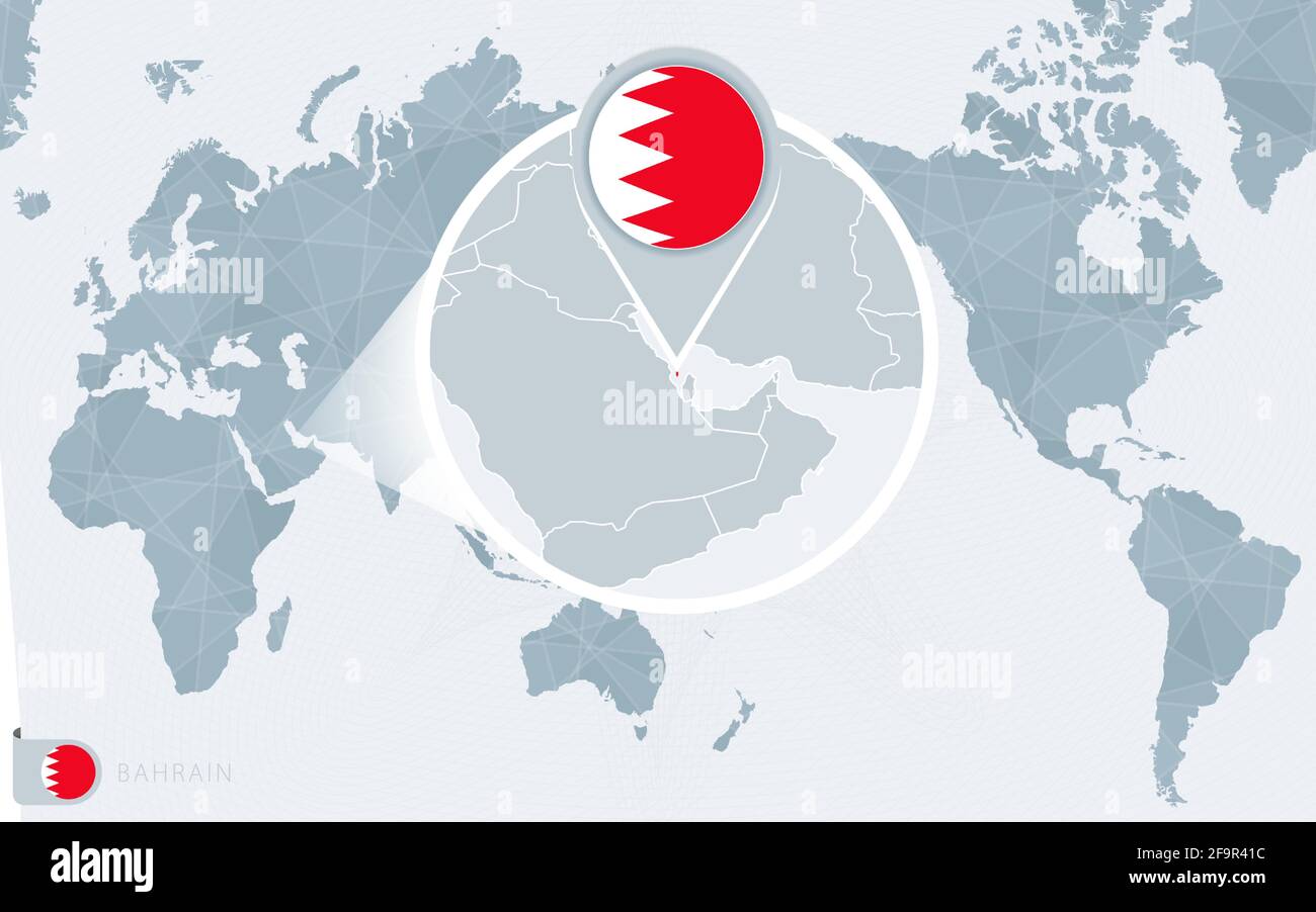 Pacific Centered World map with magnified Bahrain. Flag and map of ...